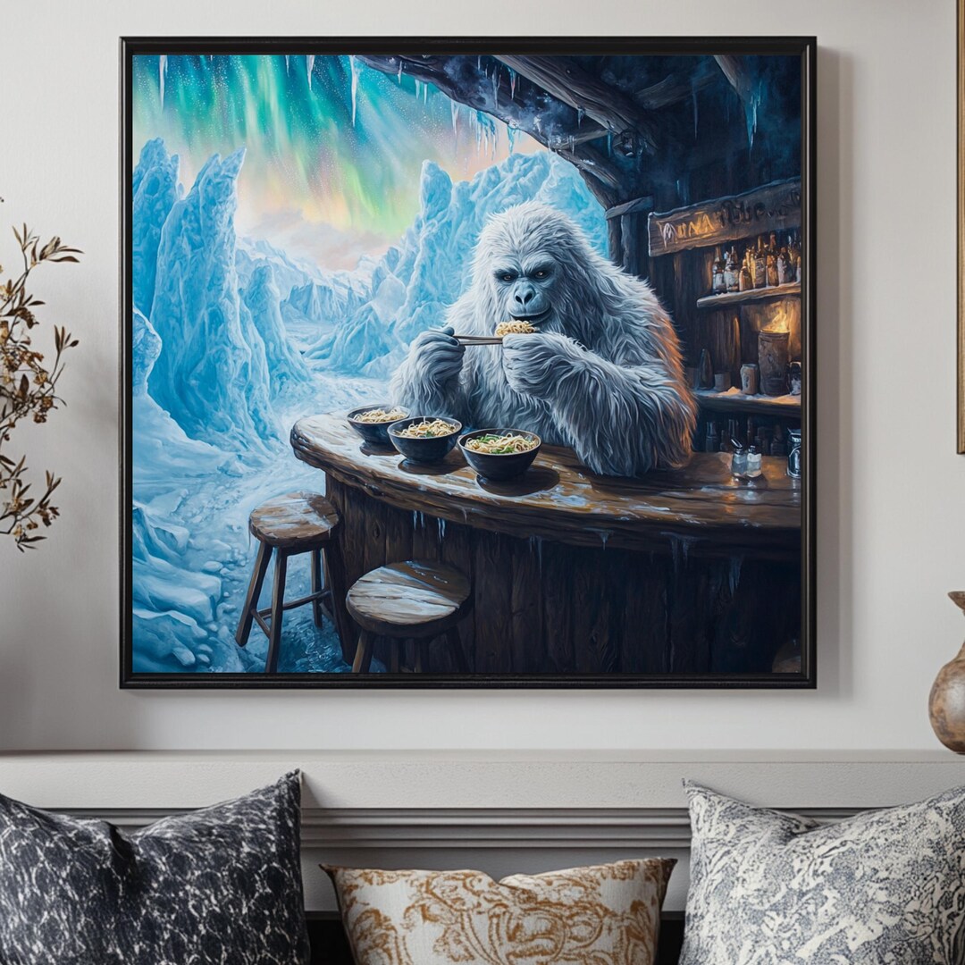 Sasquatch Bigfoot Eating Ramen Art Print Funny Art for Bar for Kitchen ...