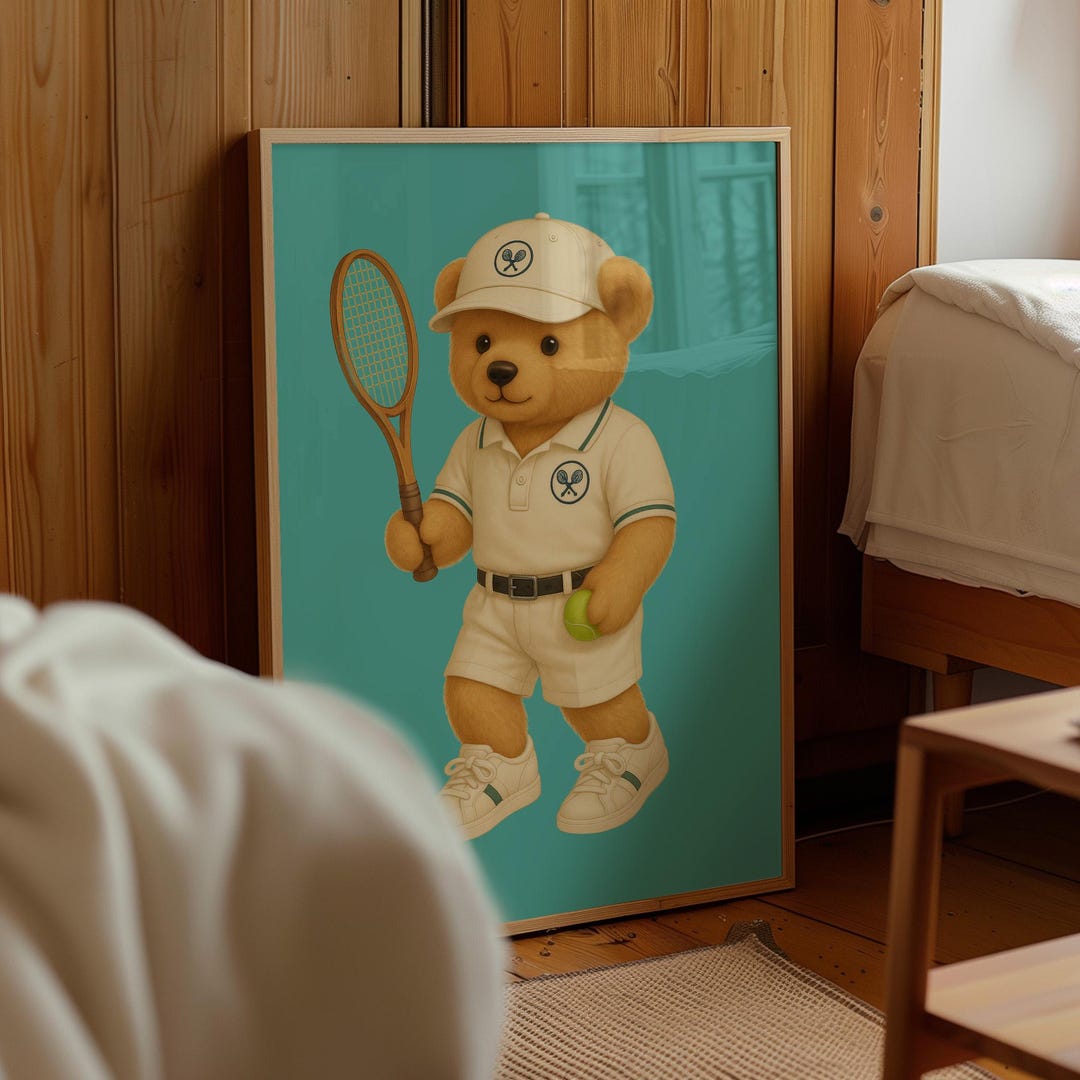 Tennis Bear Poster, Retro Sports Wall Art, Cute Teddy Bear Print ...