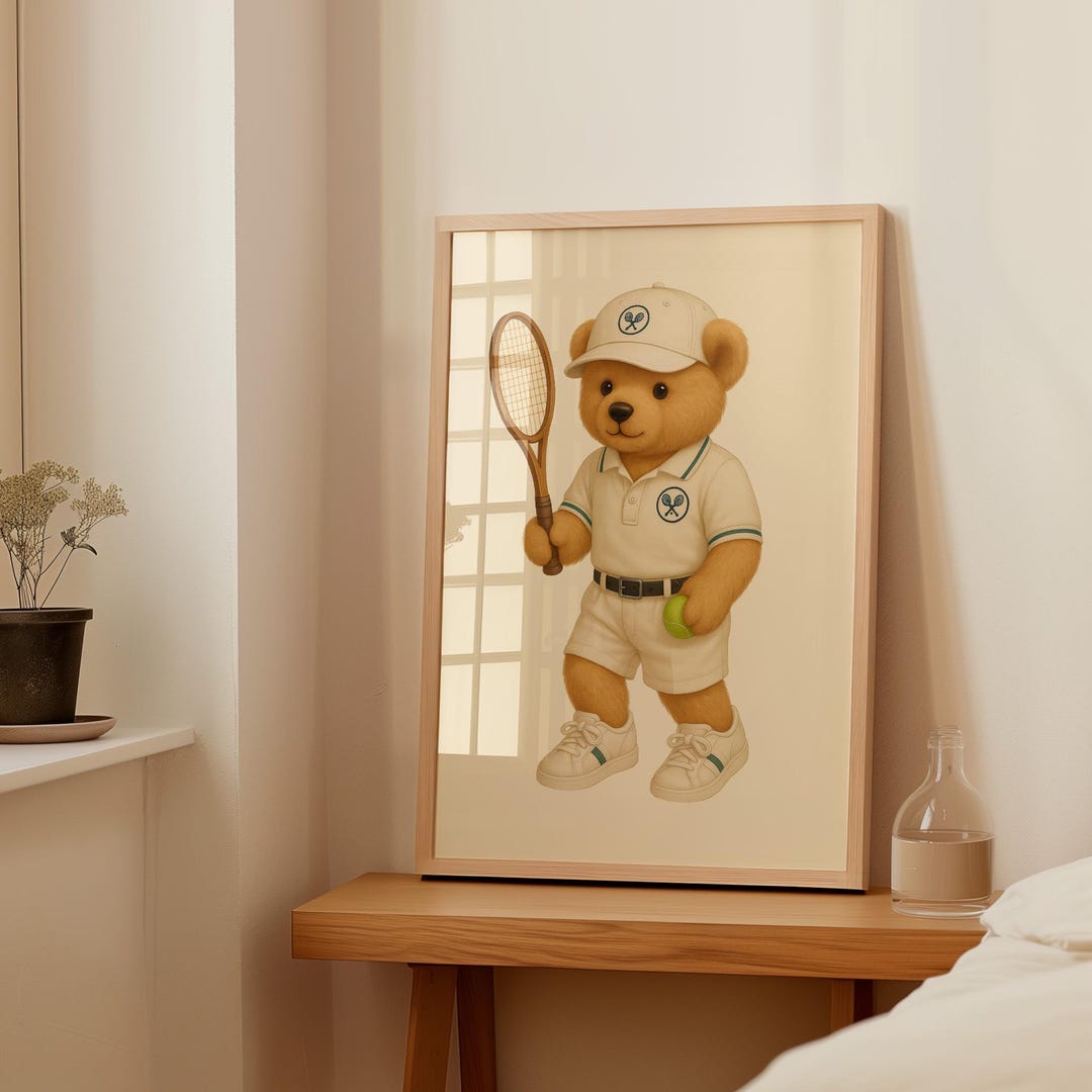 Physical Tennis Bear Poster, Retro Sports Wall Art, Cute Teddy Bear ...
