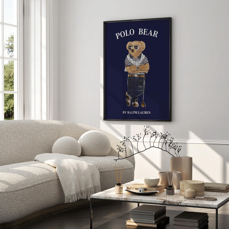 Polo Bear Golf Poster, Ralph Lauren Print, Blue Polo Bear Poster, Polo ...