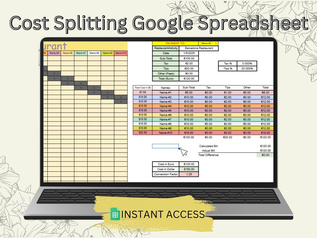 Cost Splitting Google Spreadsheet, for up to 10 People, Google Sheets, Bill Tracker, Group ...