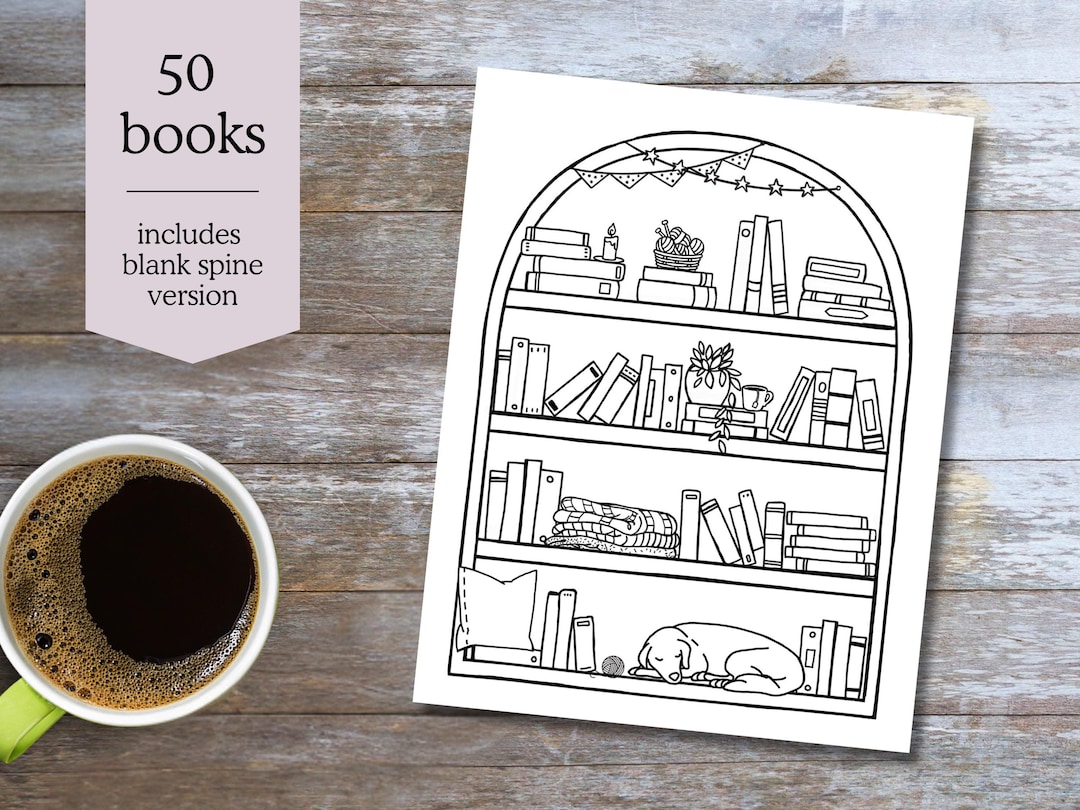 Cozy Bookshelf Reading Tracker | 50 Books Challenge Coloring Page (PDF ...