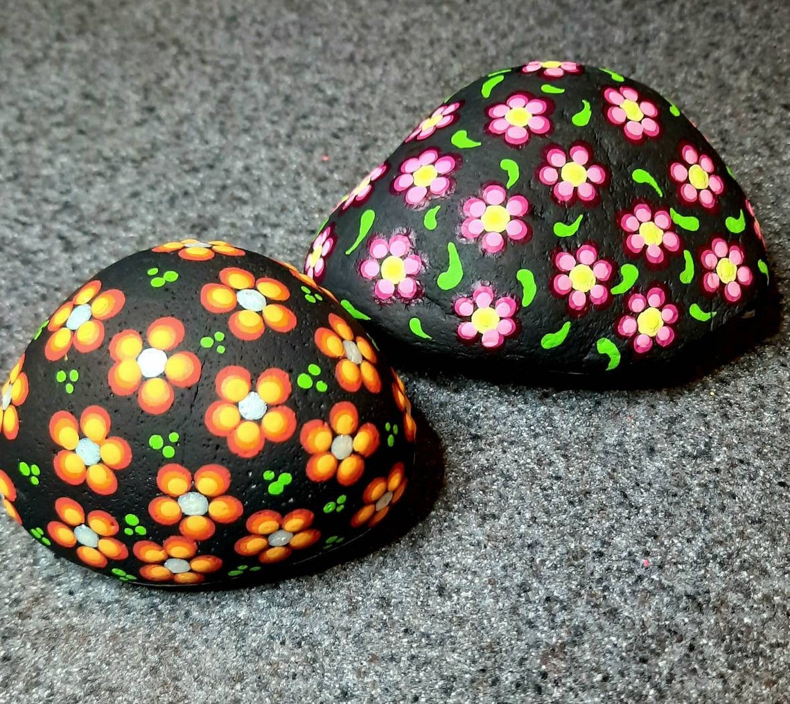 Orange Hand-painted Flower Garden Rock / Stone Sealed W/ - Etsy