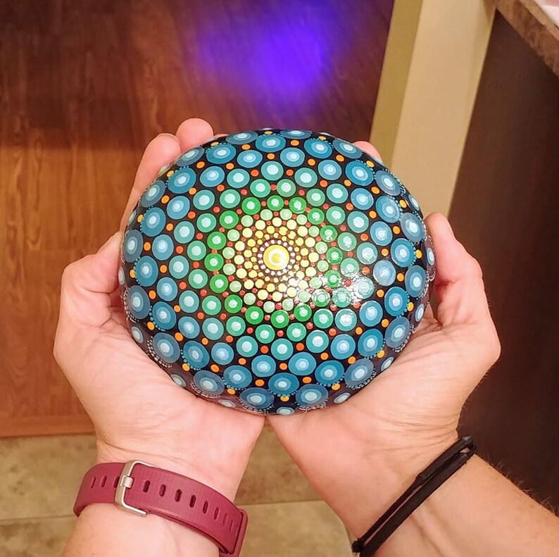 Handpainted Blue / Green Sunburst Dot Mandala Rock / Stone - Etsy