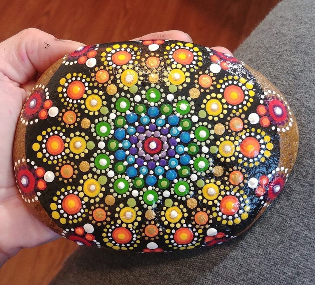 Handpainted Rainbow Dot Mandala Rock / Stone, Sealed W/ Resin ...