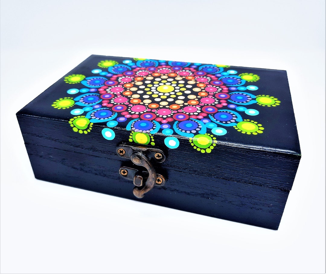 Hand-painted Neon Rainbow Dot Mandala Keepsake Box / Jewelry Box ...