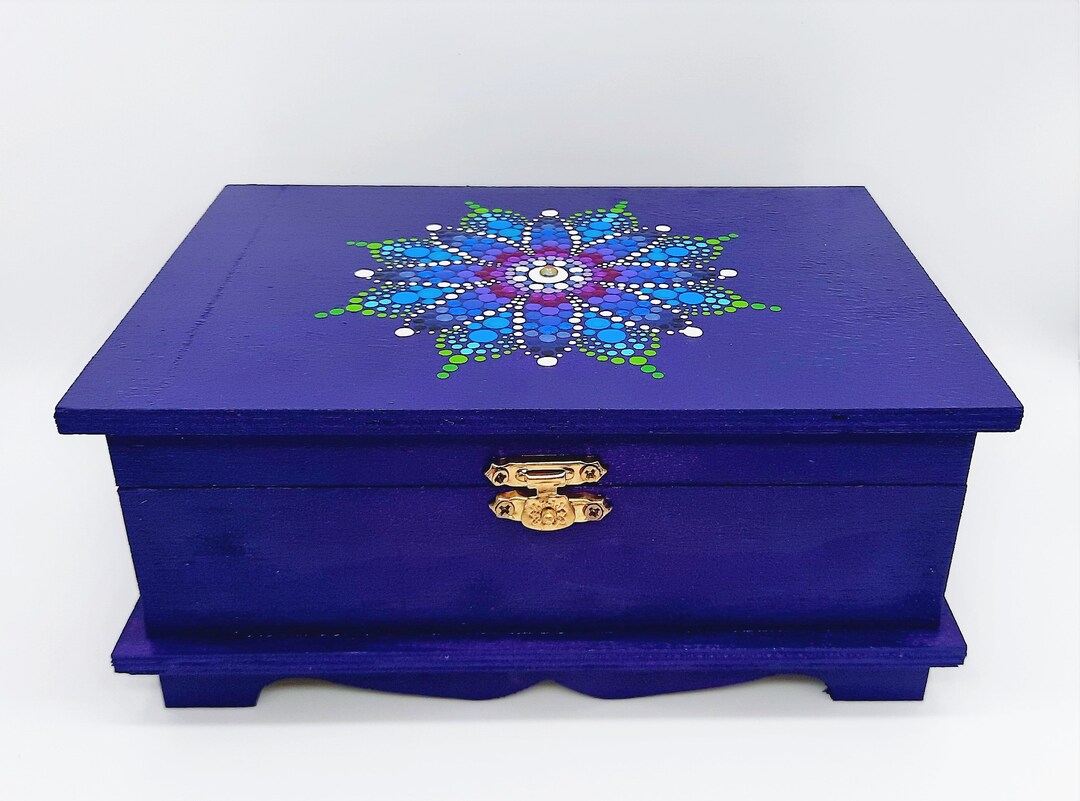Handpainted Purple Flower Power Pattern Dot Mandala Wooden Keepsake Box ...