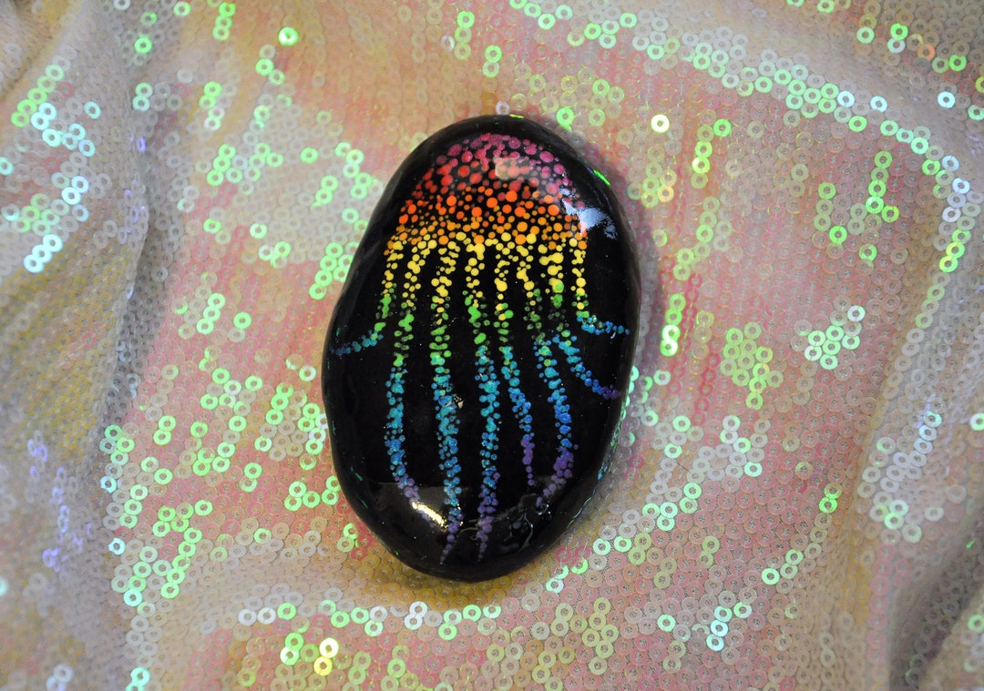 Handpainted Rainbow Jellyfish Dot Rock / Stone, Sealed W/ Resin ...
