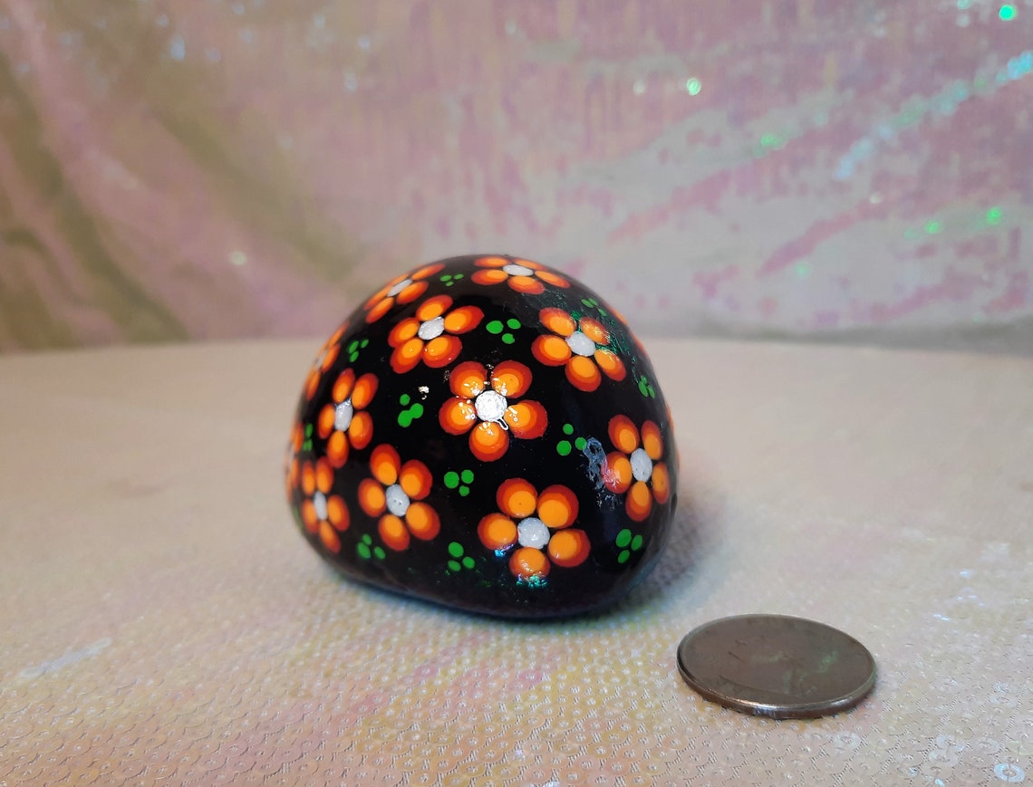 Orange Hand-painted Flower Garden Rock / Stone Sealed W/ - Etsy