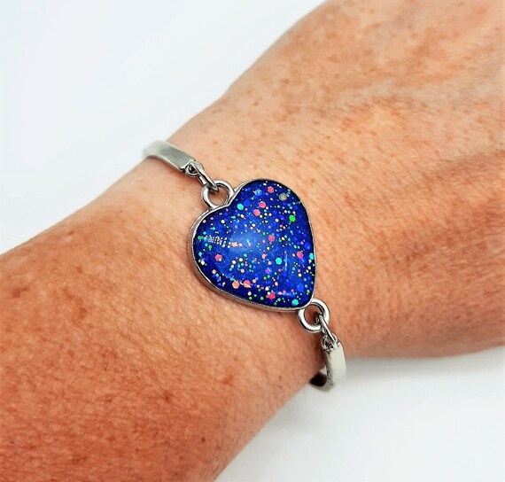 Handcrafted Iridescent Blue Heart Adjustable Bangle Bracelet Made with Resin Glitter Holographic Powder Hypoallergenic Stainless Steel Etsy