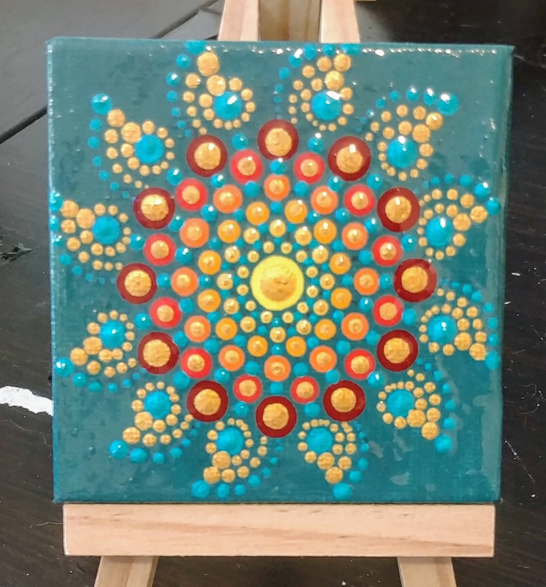 Mini Dot Mandala Sunburst Painting, Handpainted on 3