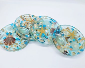 Seashell Coasters With Sea Glass and Glitter Set of 4 With Holder - Etsy