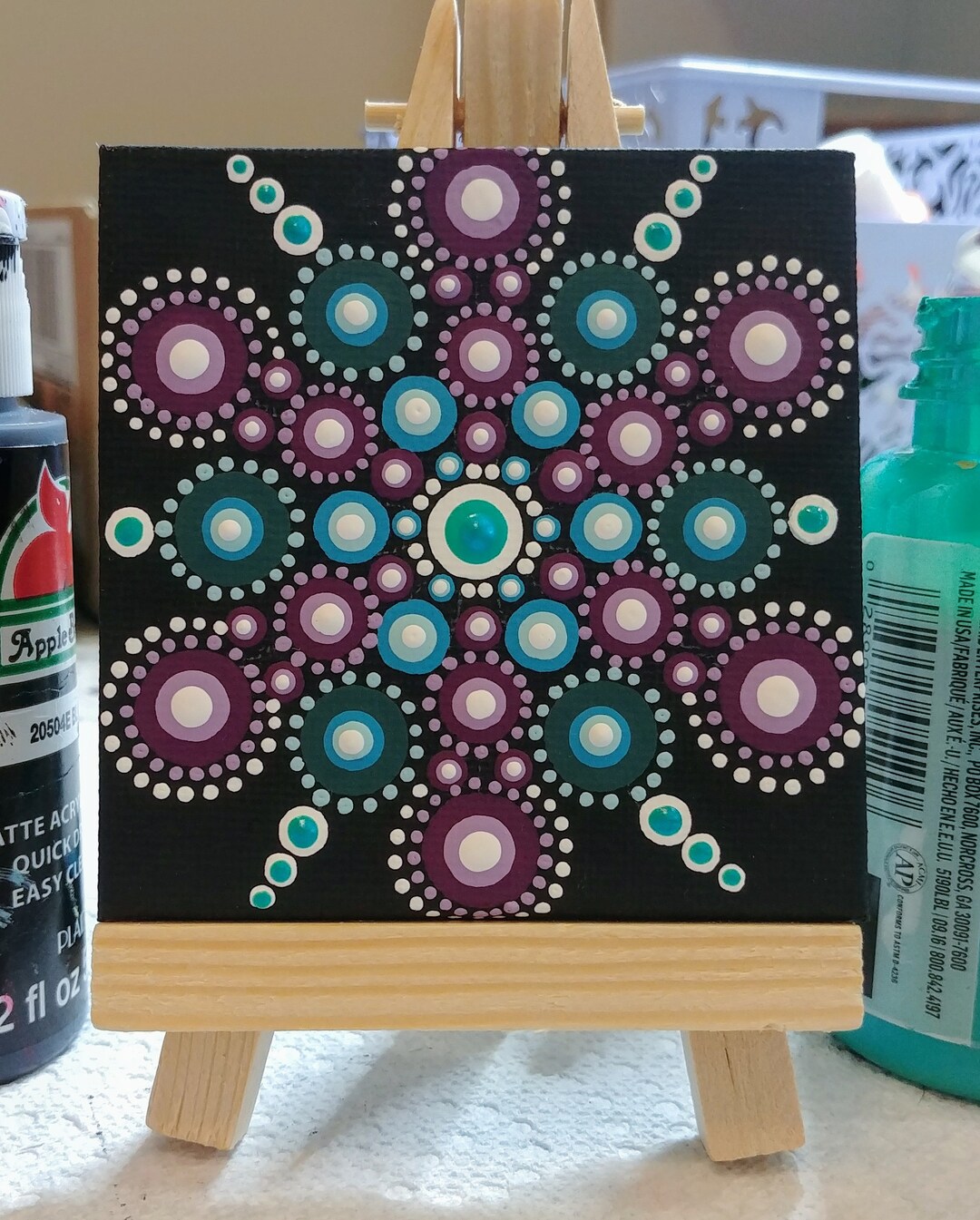 Mini Dot Mandala Purple & Blue Painting, Handpainted on 3