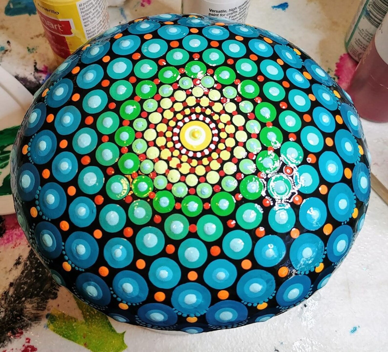 Handpainted Blue / Green Sunburst Dot Mandala Rock / Stone - Etsy