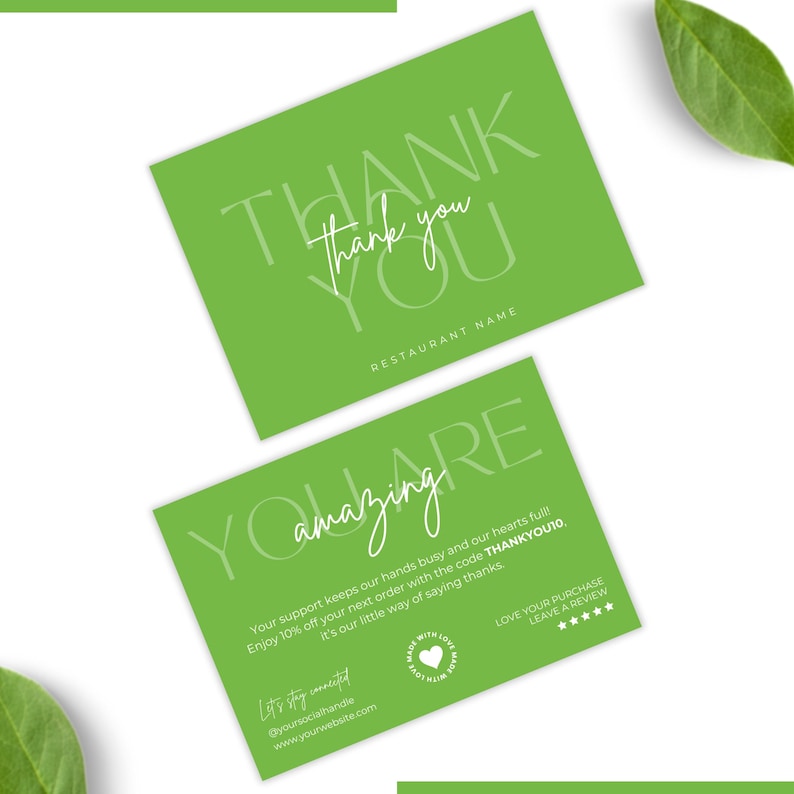 Restaurant Green Thank You Card Template, Canva Editable Design for ...