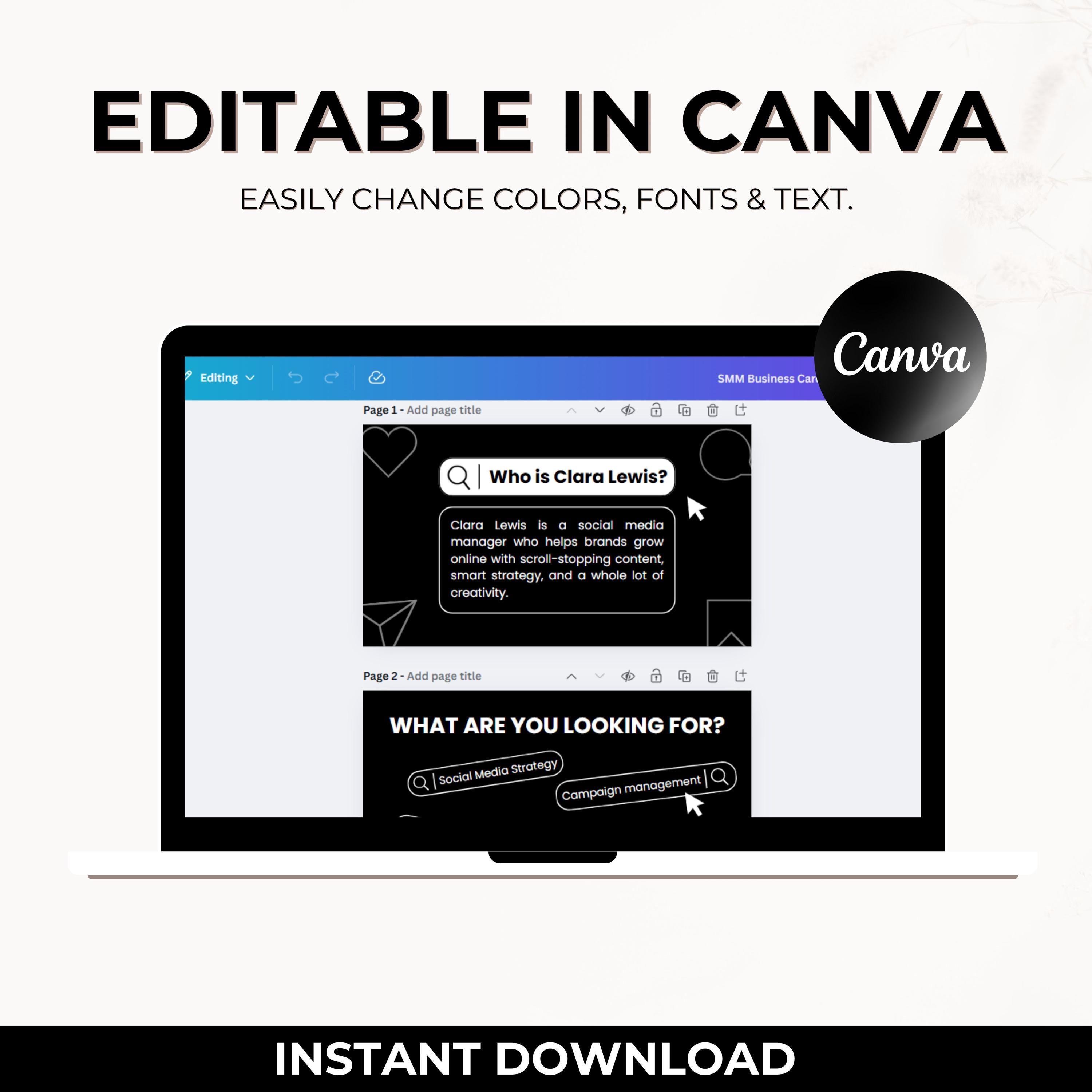 Social Media Manager Black Business Card Template, Canva Editable ...