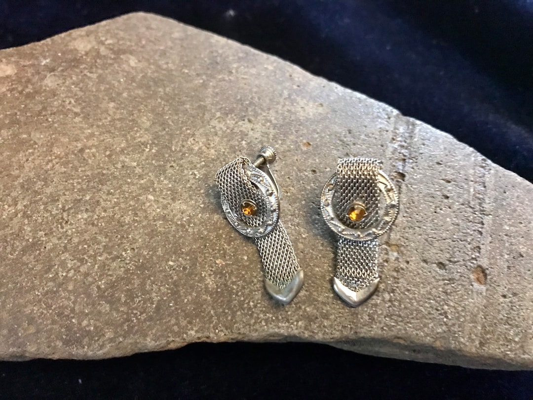 Vintage, Antique Clip on Belt Buckle Earrings With Gem, Screw Back ...