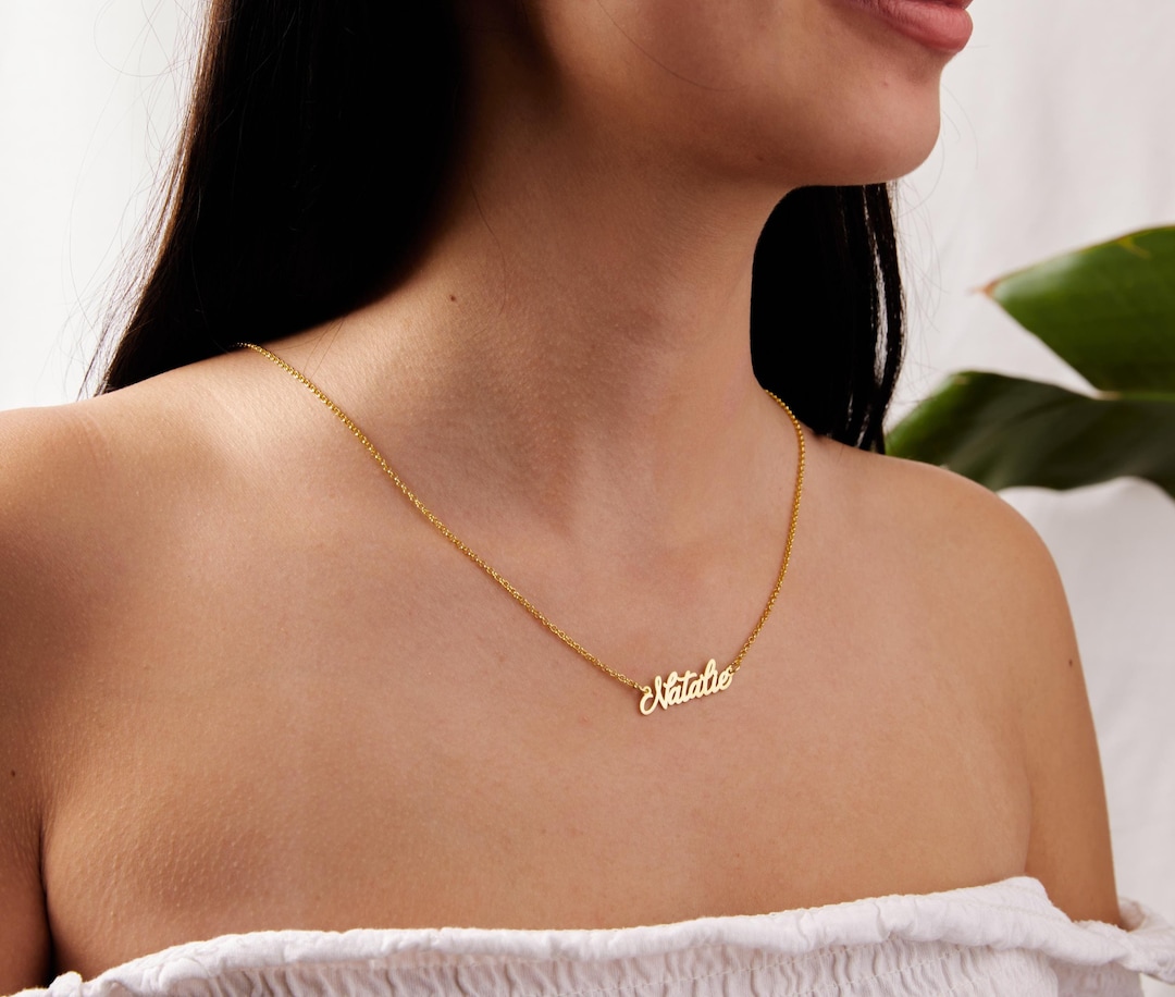 14K Solid Gold Name Necklace, Personalized Jewelry, Custom Name Necklace, Cursive Name Plate ...