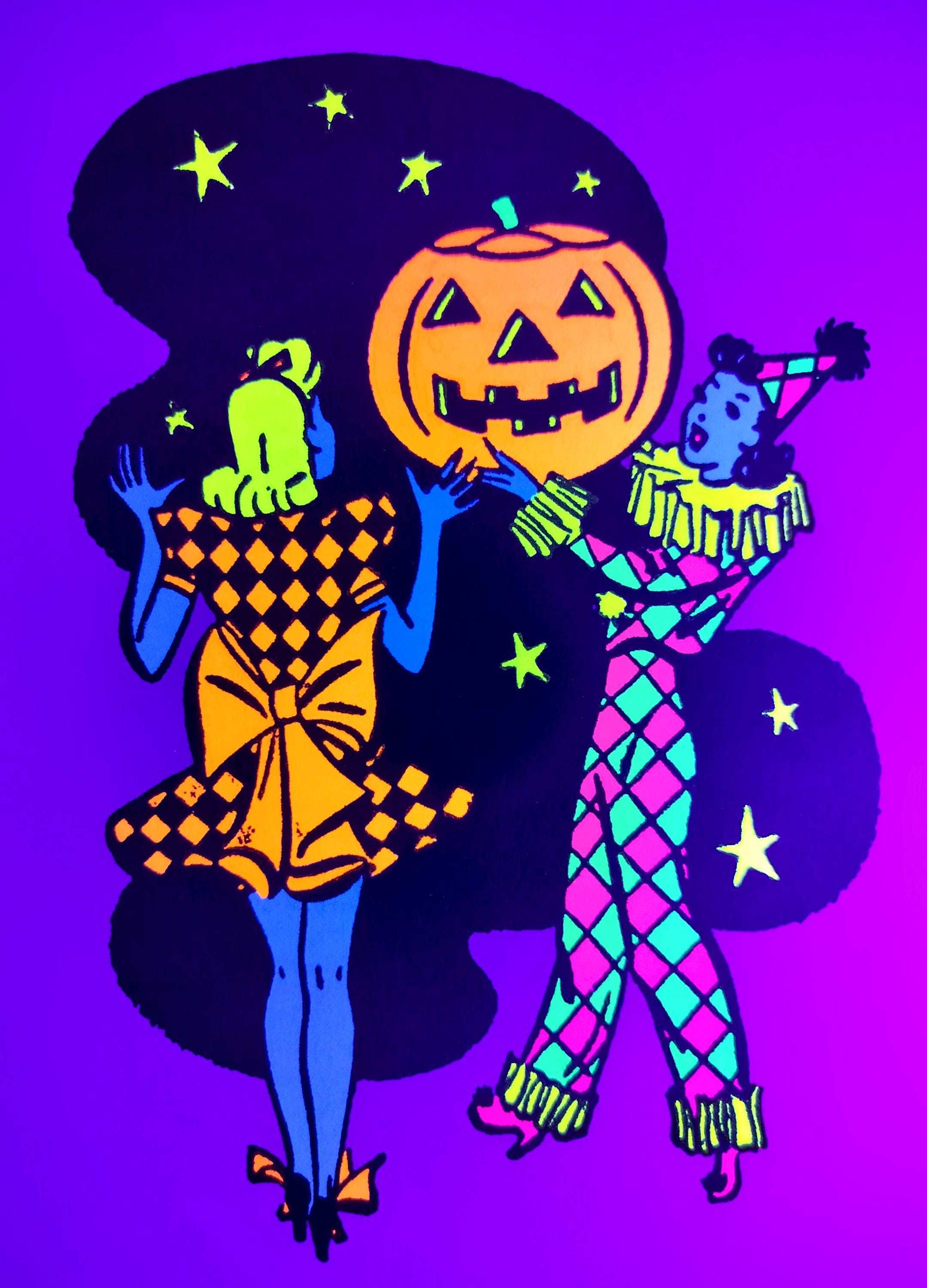 Halloween Party Clowns Vintage Retro Pumpkin Black Light Mini Poster 8. ...