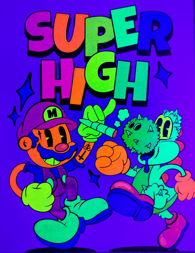 Super High Fly Mario Yoshi Black Light UV Mini Poster 8.5"x11" - Etsy