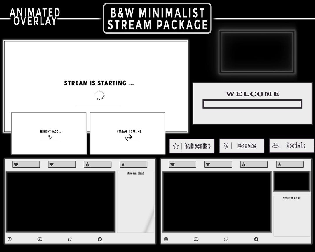 Animated Black and White Minimal Stream Overlay - Twitch Pack - Simple ...