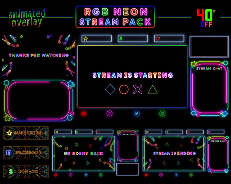 Animated RGB Neon Twitch Package - Retro Gaming Stream Overlay - Lofi ...