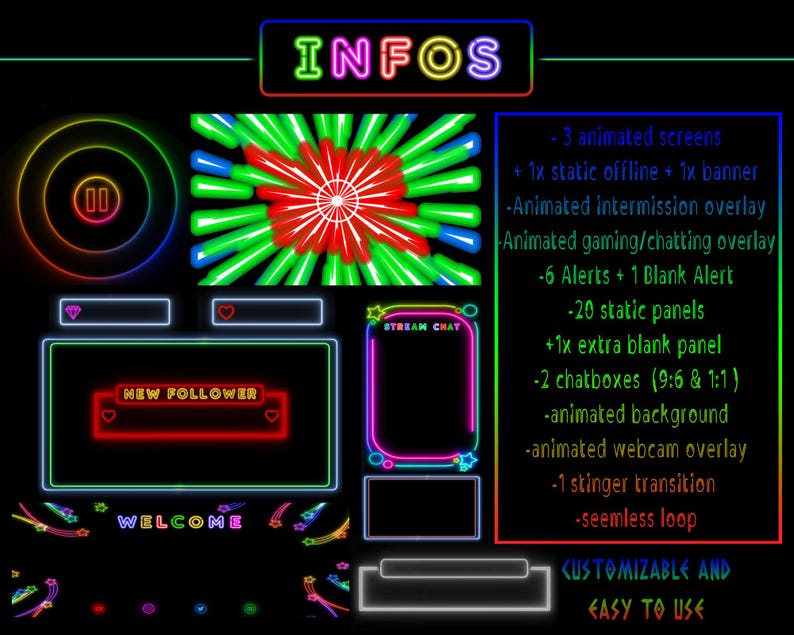 Animated RGB Neon Twitch Package - Retro Gaming Stream Overlay - Lofi ...
