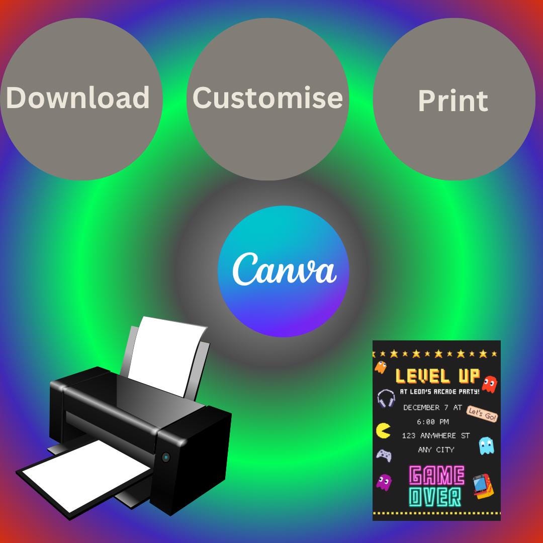 LEVEL UP! Arcade Party Invitation | Editable Canva Template | Instant ...