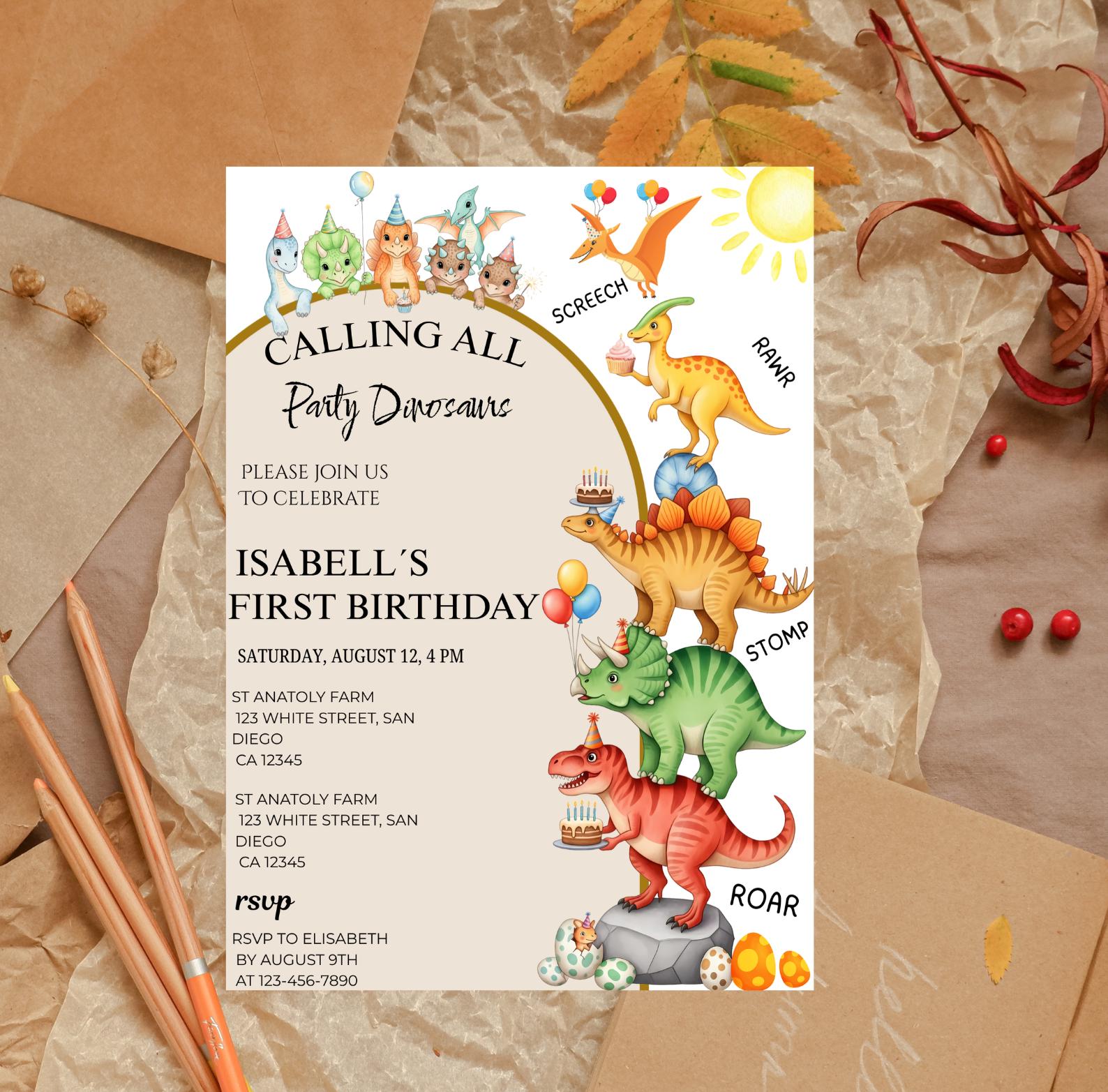 Dinosaur Birthday Invitation: Three Rex Dino Party (canva Template, 5x7 ...