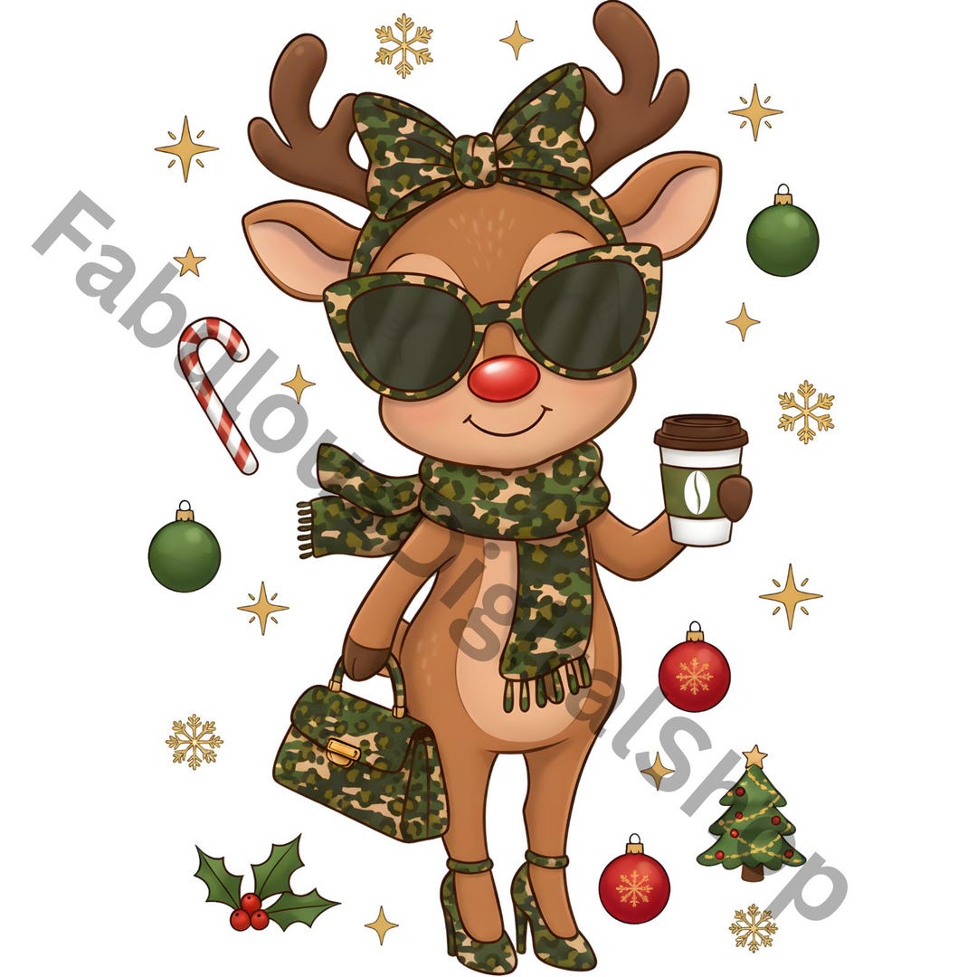 Army Camo Christmas Reindeer PNG, Fashion Reindeer With Coffee ...