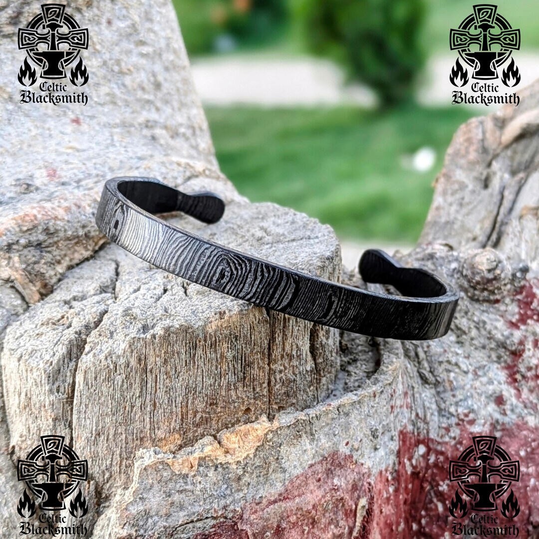 Thin Damascus Steel Cuff Wristband for Men – Black Oxidized Norse ...