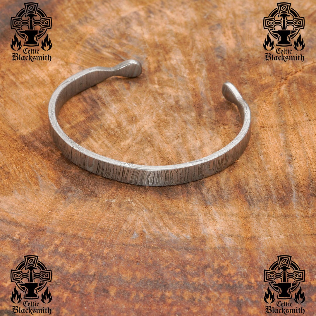Slim Damascus Steel Aura Cuff - Viking Thin Damascus Bracelet for Men ...