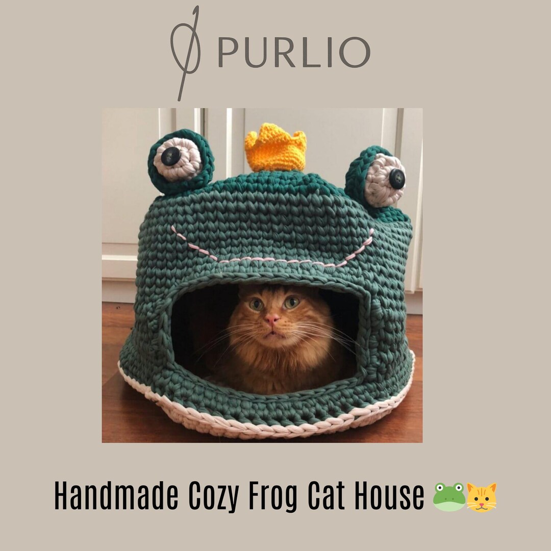Handmade Frog Cat House Bed | Cozy Crochet Cat Cave | Cute Frog Pet ...