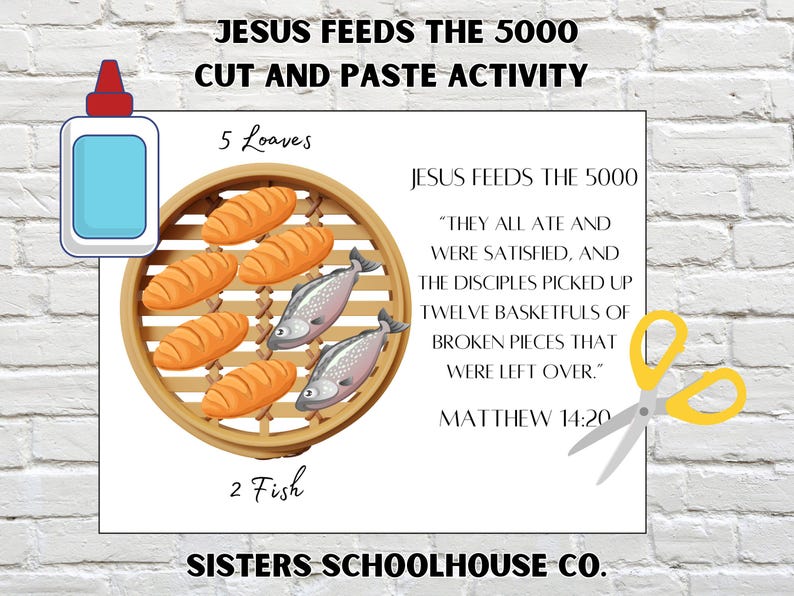 Jesus Feeds 5000 Cut and Paste Activity, Bible Lesson, Sunday School ...