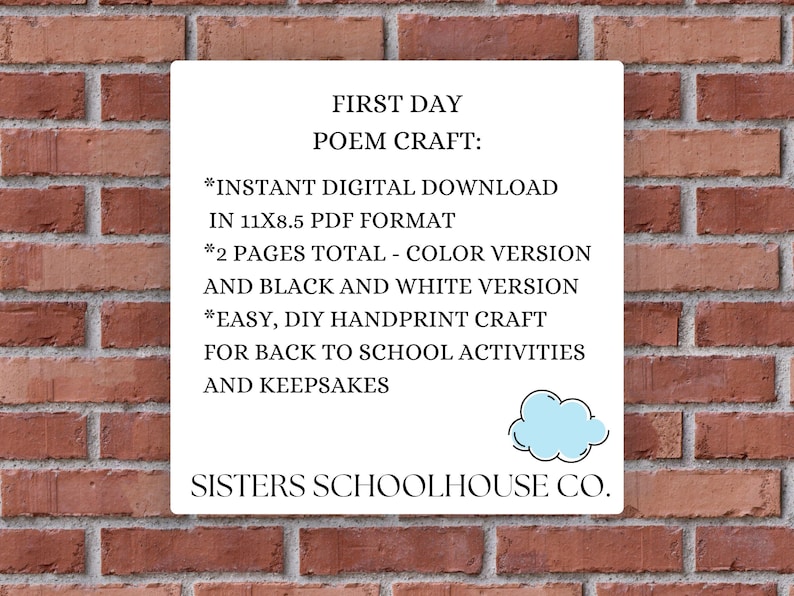 First Day of School Poem Handprint Craft: DIY Keepsake Photo Prop (PDF ...