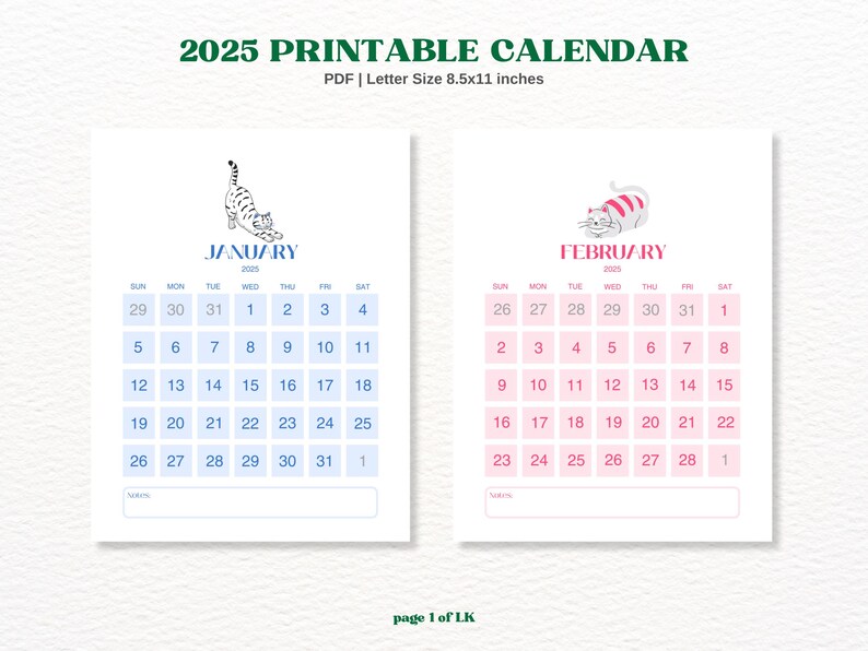 2025 Calendar Printable | Cute Cat Calendar Wall Calendar Monthly ...