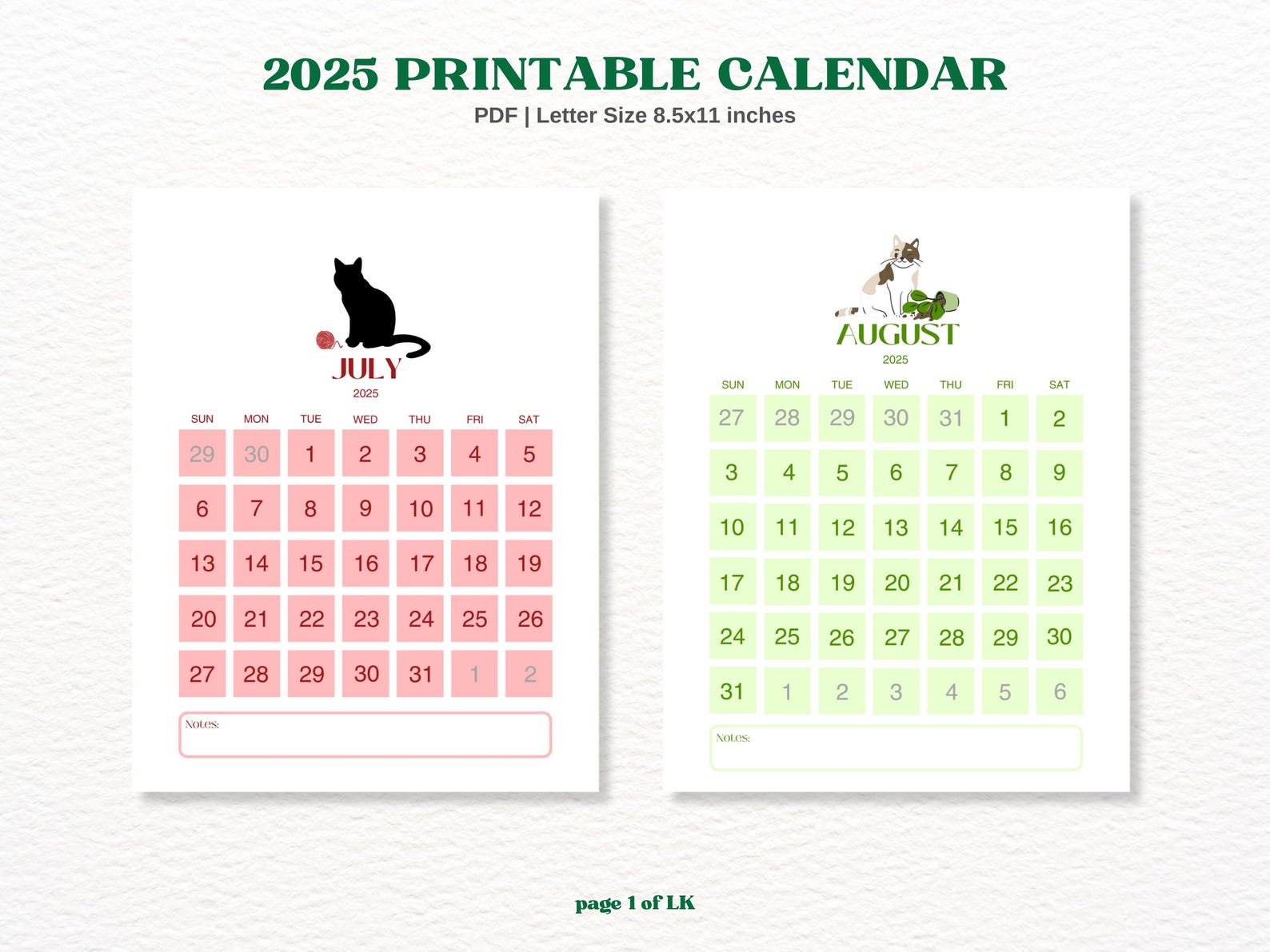 2025 Calendar Printable | Cute Cat Calendar Wall Calendar Monthly ...