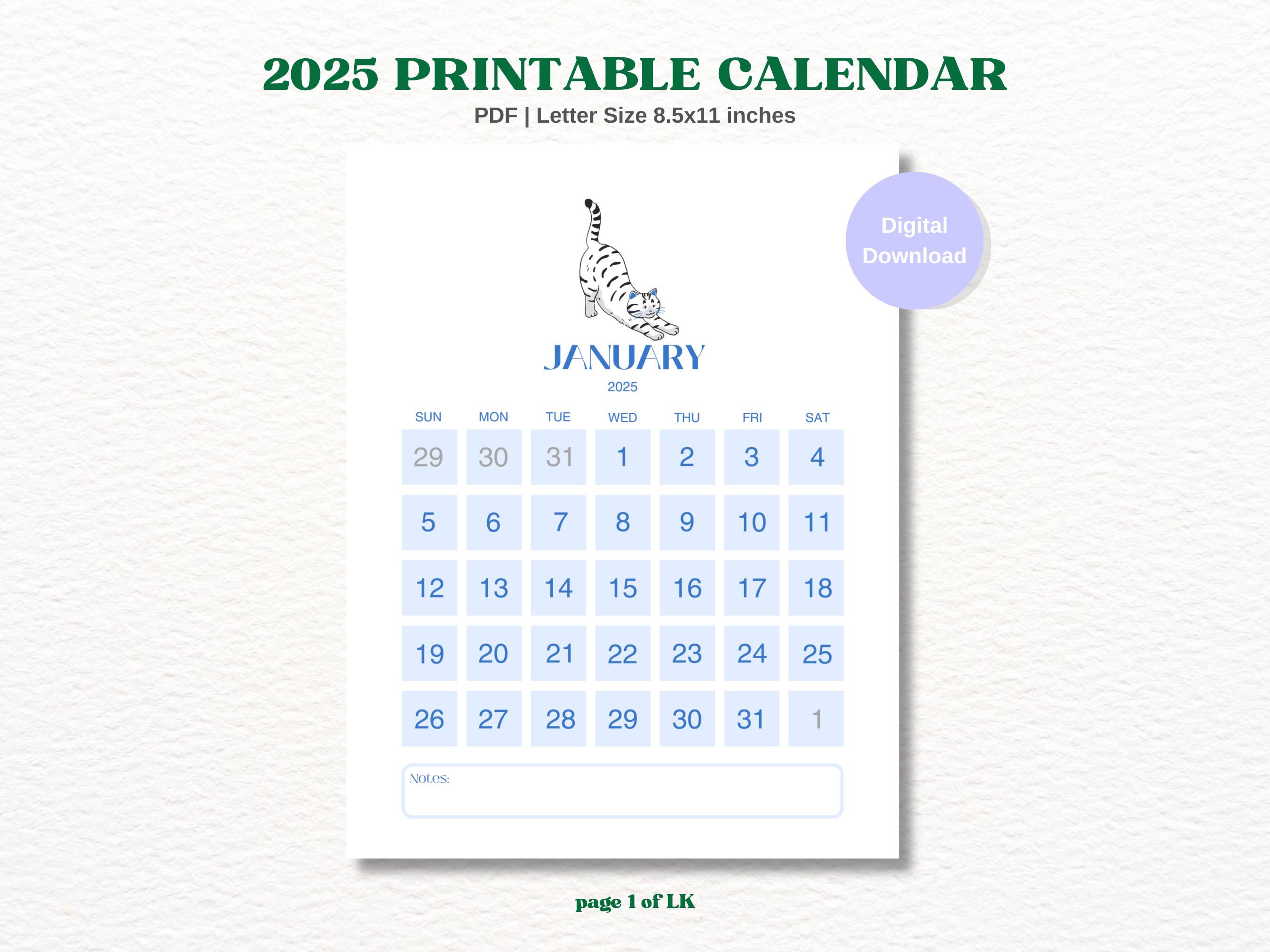 2025 Calendar Printable | Cute Cat Calendar Wall Calendar Monthly ...