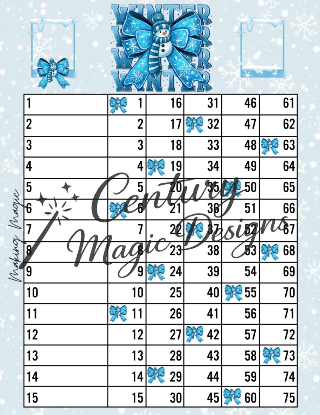 Winter Bow- 15 Line Bingo Boards; (houdini and Straight 75ball) - Etsy