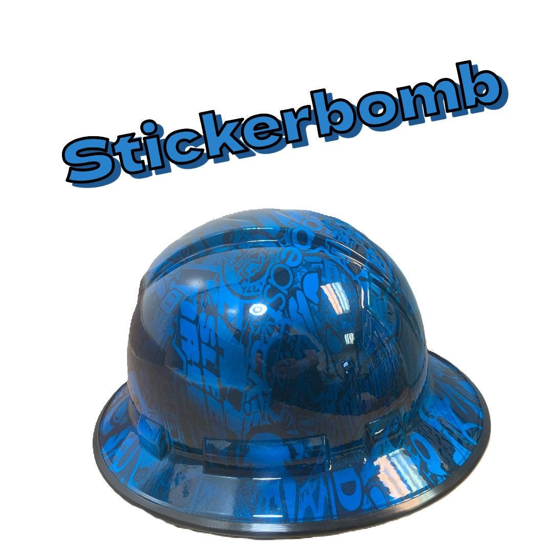 Sticker Bomb Blue Hydro Dipped Hard Hat – Full Brim, Gloss Finish ...