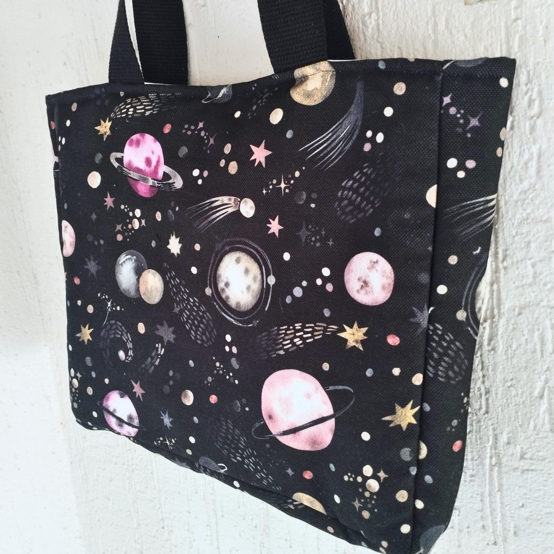 Space Themed Large Fabric Tote Bag, Black Bag With Planets and Stars ...