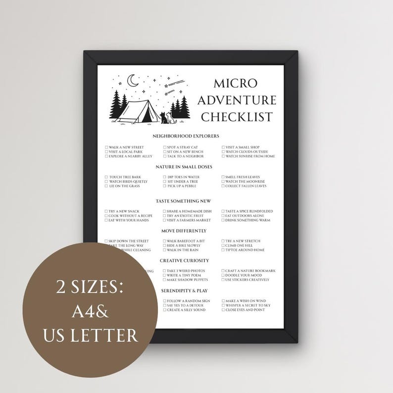 Micro Adventure Checklist | Printable Poster | Black and White Art ...