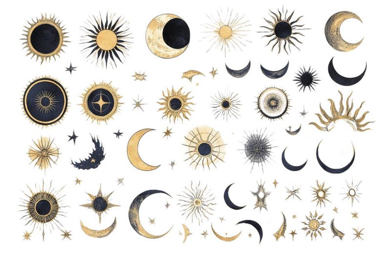 30P Celestial Clipart - Cute Sun Moon and Stars PNG Format Instant ...