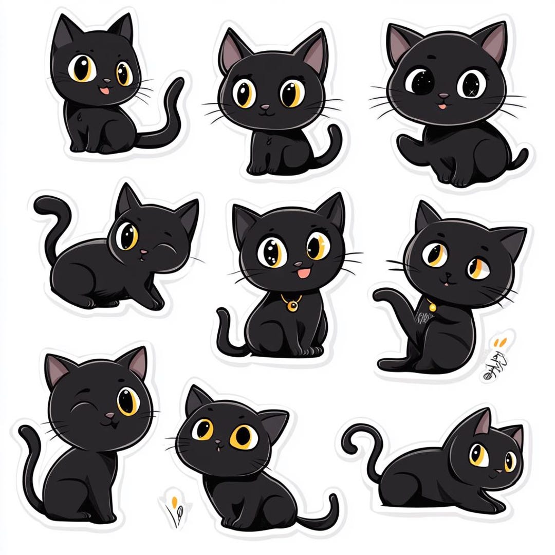 Cute Black Cat Clipart Digital Stickers, Kawaai Cat Printable Stickers ...