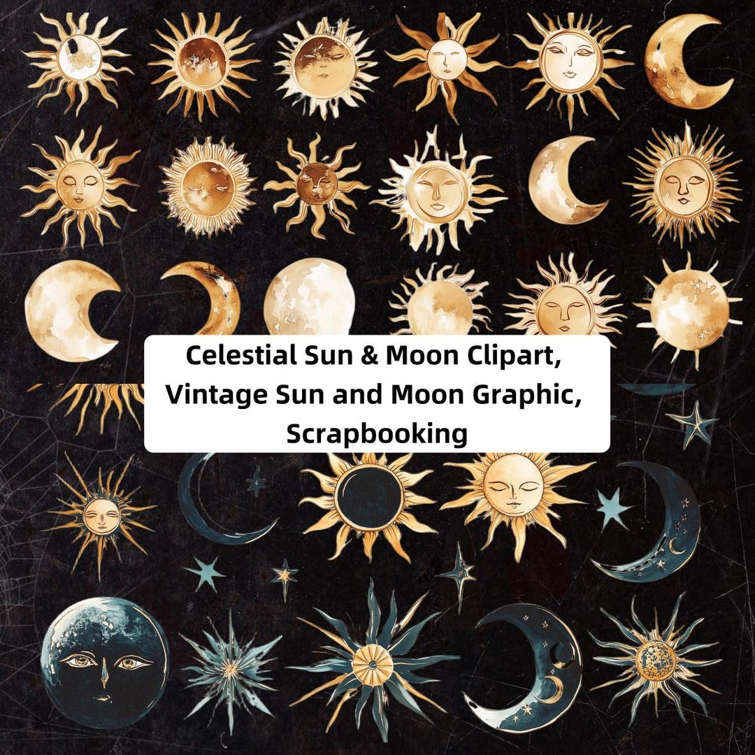 30P Celestial Clipart - Cute Sun Moon and Stars PNG Format Instant ...