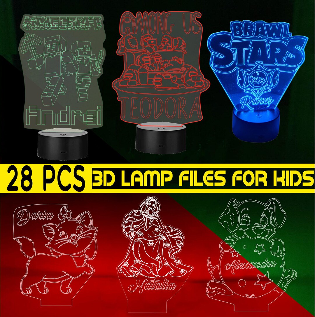 3D Illusion Led Lamp Designs Bundle for Kids , 28 PCS, Vector Files for ...