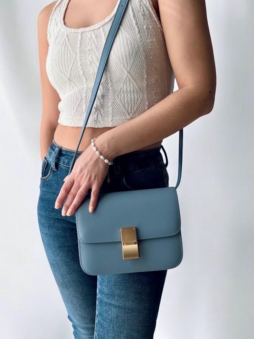 Dusty Blue Genuine Leather Shoulder Bag With Gold Detailing • Elegant ...