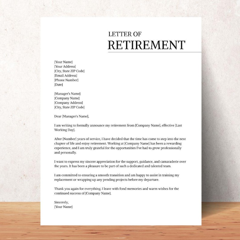 Retirement Letter Template: Professional Printable Template, 8.5x11 - Etsy