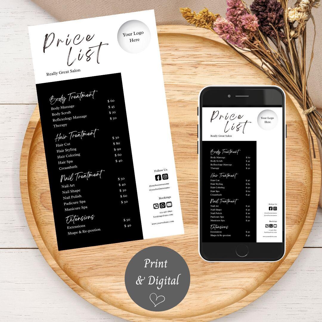 Price List Template Editable Price List Business Price List Salon Price ...