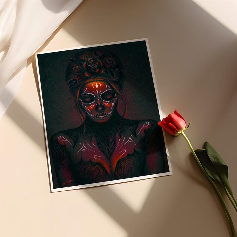Día De Los Muertos Art Print: Gothic Female Skull, Mexican Chicano ...
